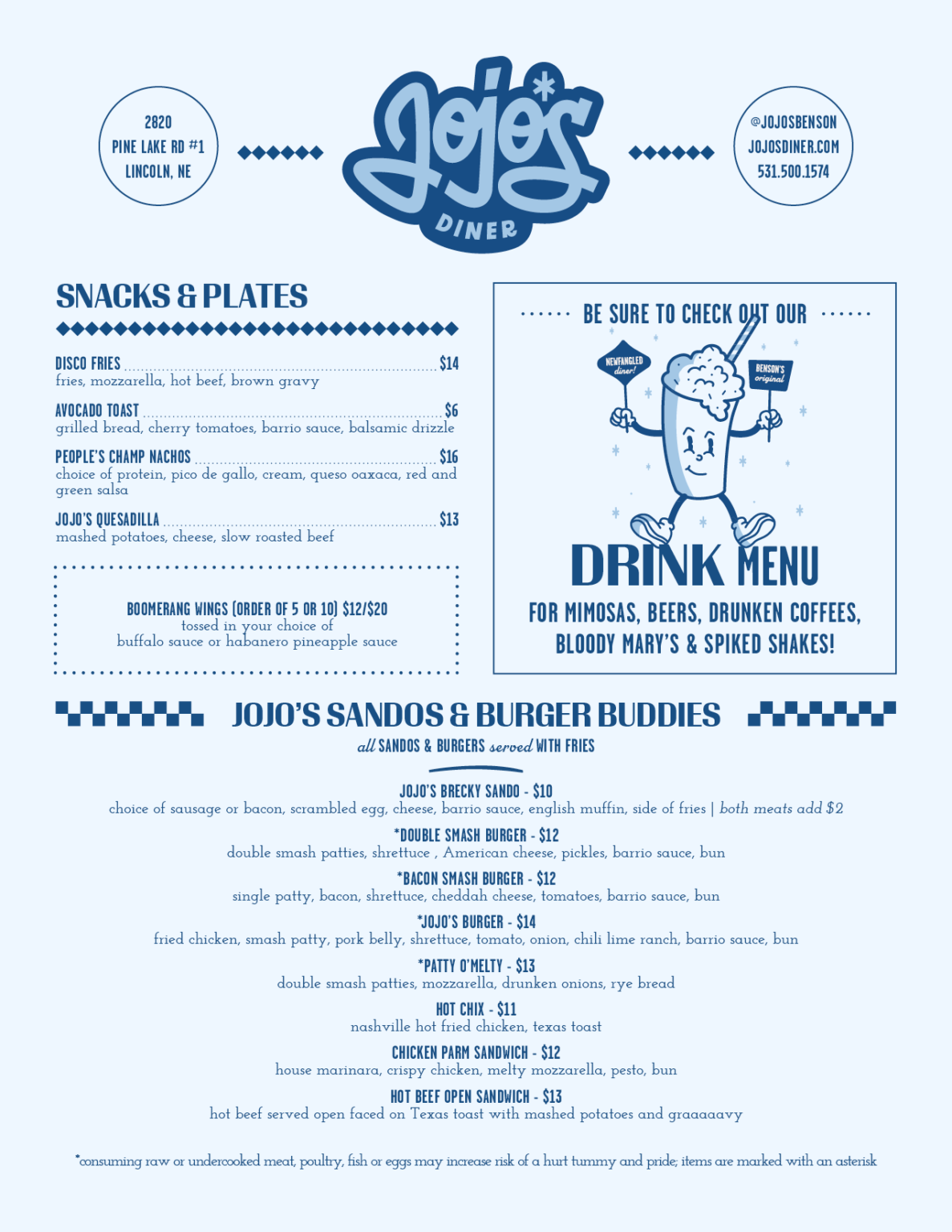 Lincoln Menu – Jojo's Diner – Benson